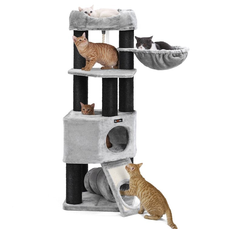 Cat Tree with Basket Lounger and Cuddle Cave - Light Grey – Space General