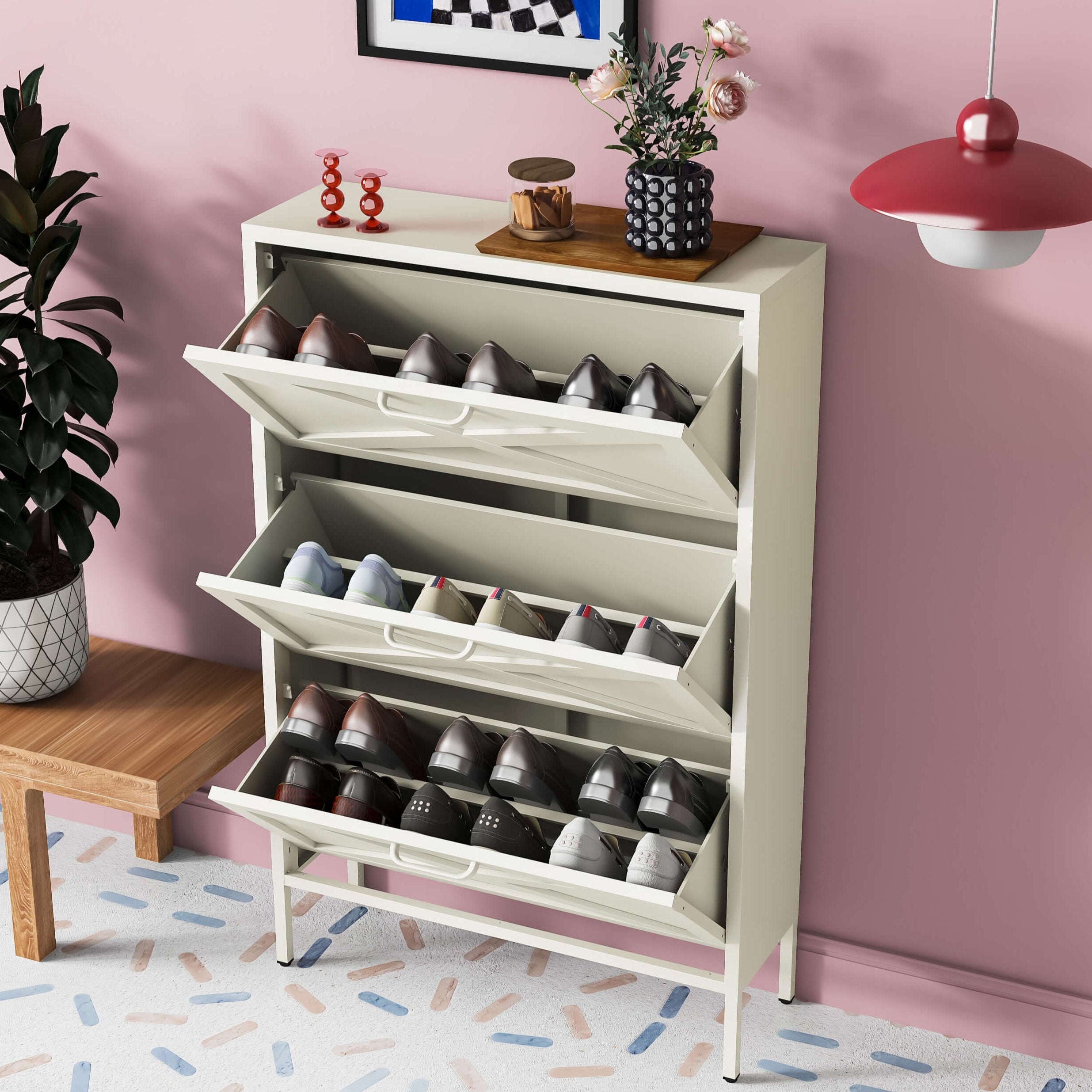 Shoe Locker Cream White - 3 Drop-Down Doors X-Pattern – Space General