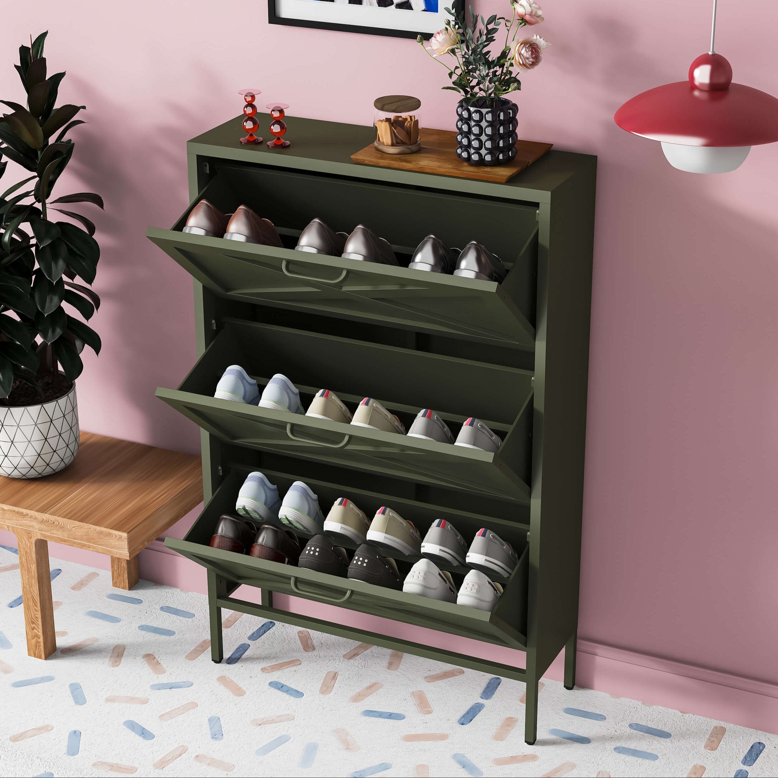 Shoe Locker Green - 3 Drop-Down Doors X-Pattern – Space General