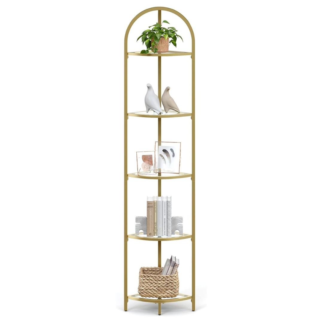 Nyla 5 Tier Glass Corner Shelf Stand - Gold – Space General