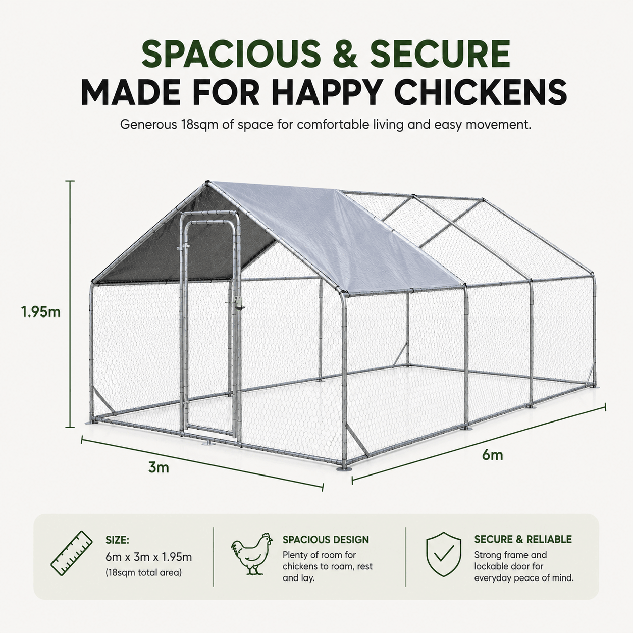 6x3x1.95m Walk-In Poultry Cage – Secure 0.9mm Hexagonal Mesh with Weat ...