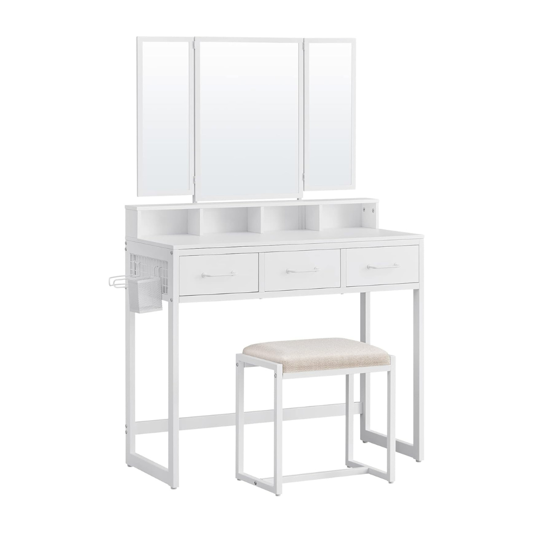 Tri-Fold Mirror Dressing Vanity Table with Stool and Drawers – Space ...